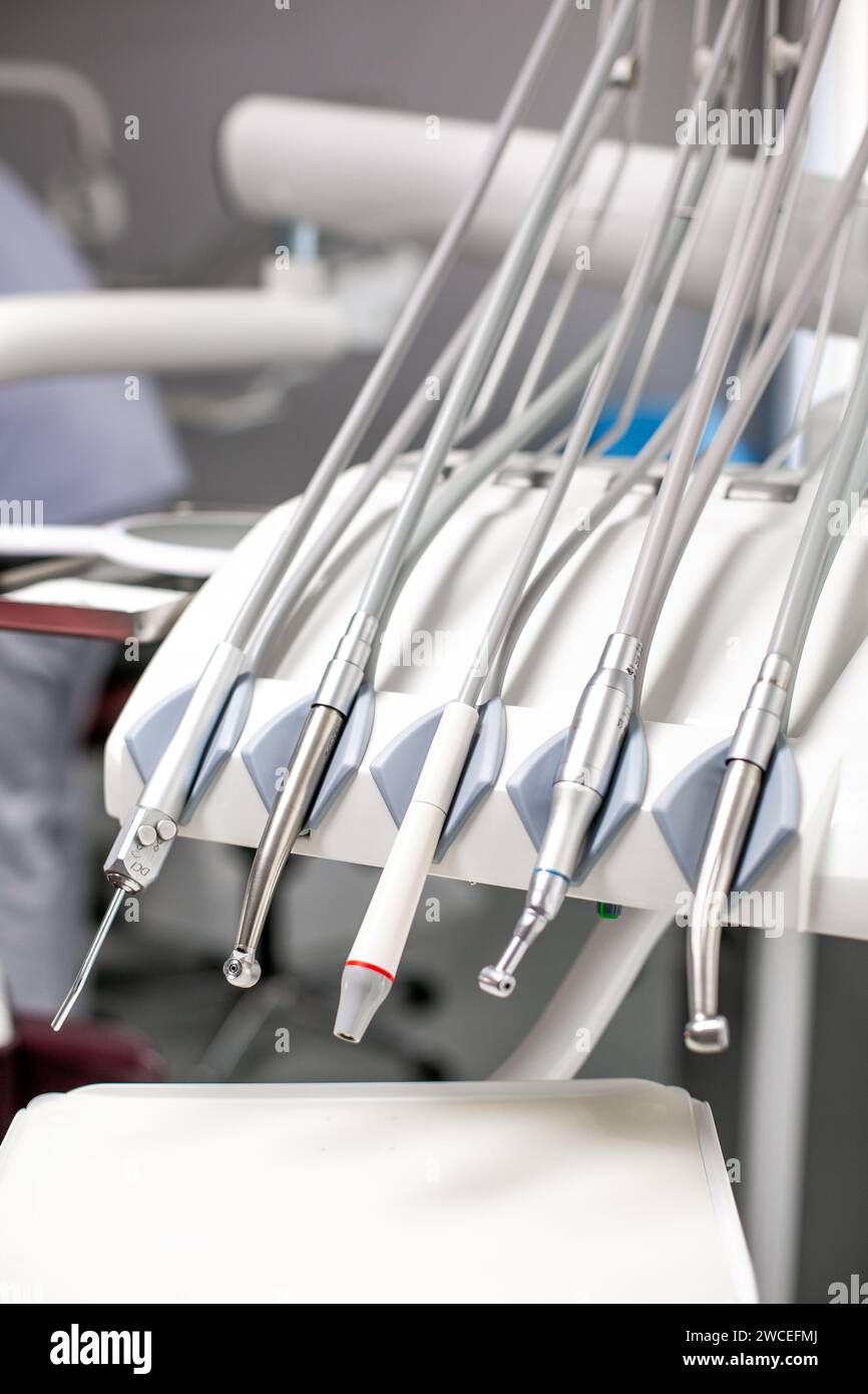 dentist tools and burnishers on a dentist chair in Dentist Clinic ...
