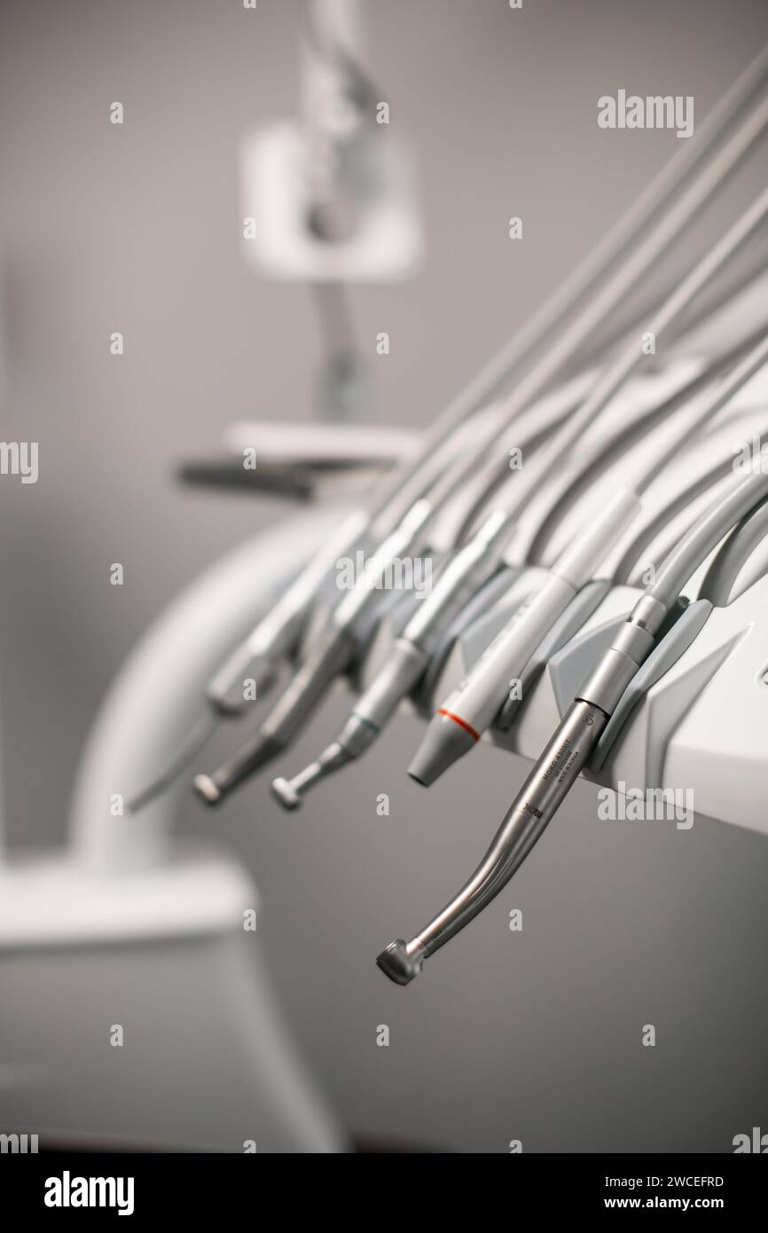 dentist tools and burnishers on a dentist chair in Dentist Clinic ...