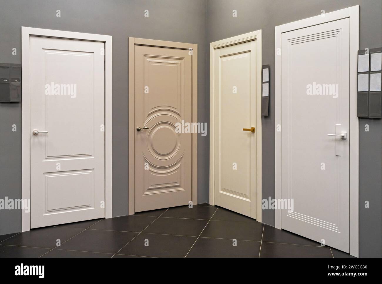 Shop window of doors. A large selection of doors for house. Exhibition ...