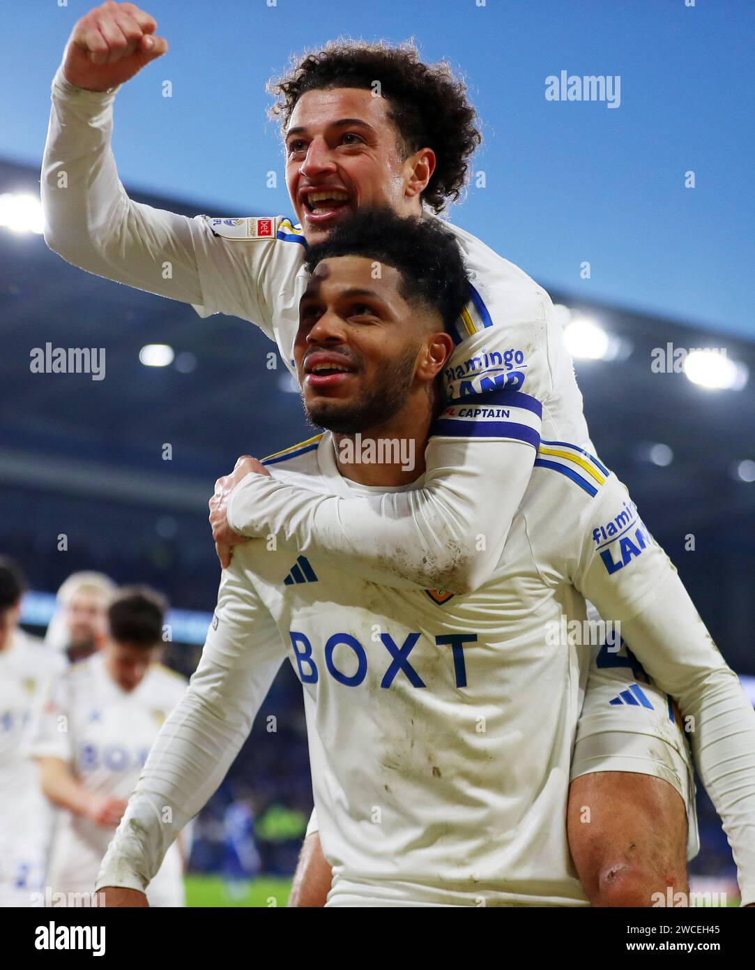 Georginio Rutter of Leeds Utd celebrates with his teammate Ethan Ampadu ...