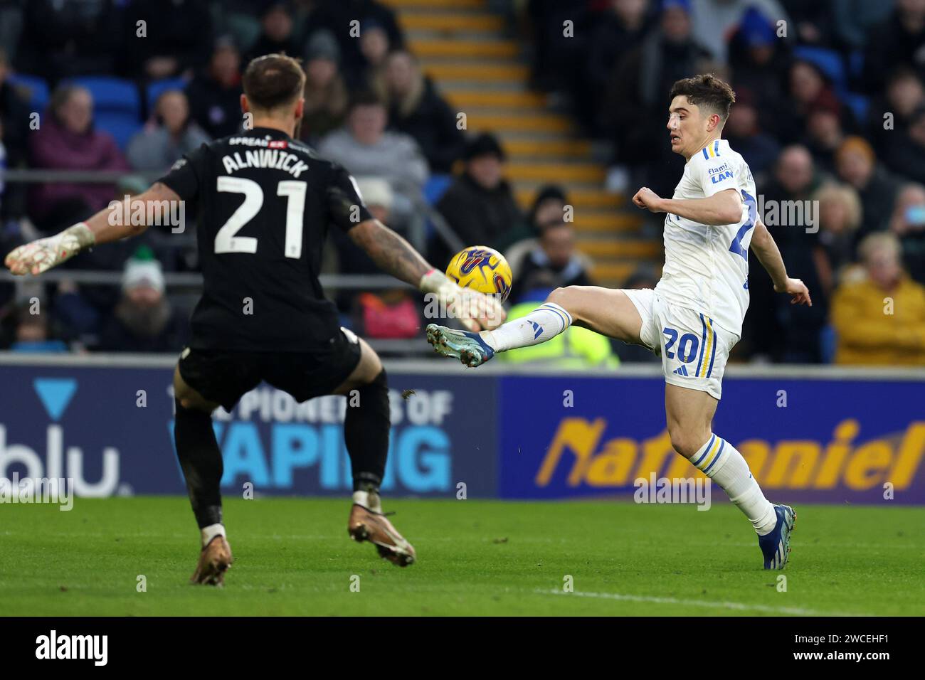 Dan James of Leeds Utd attempts to chip over Jak Alnwick, the ...