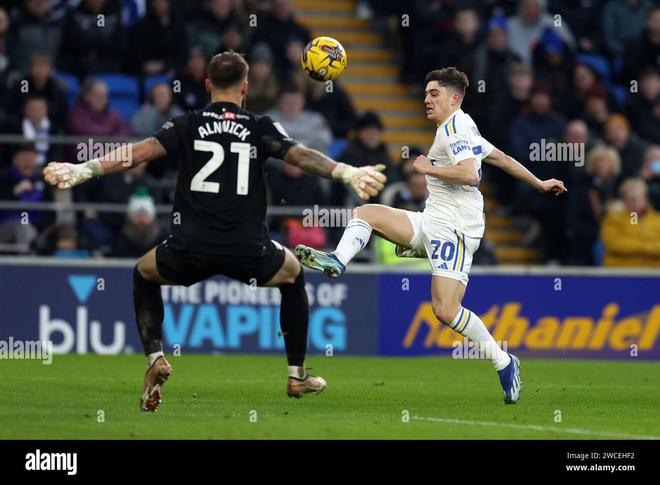 Dan James of Leeds Utd attempts to chip over Jak Alnwick, the ...