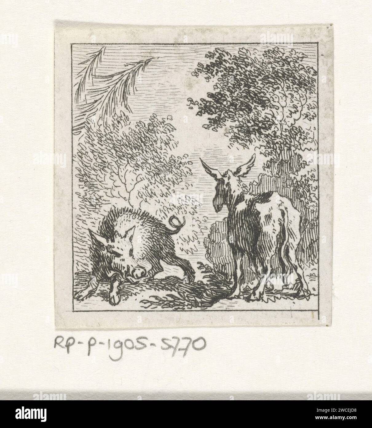 Fable of the Donkey and Wild Zwijn, Simon Fokke, 1769 print A donkey ...
