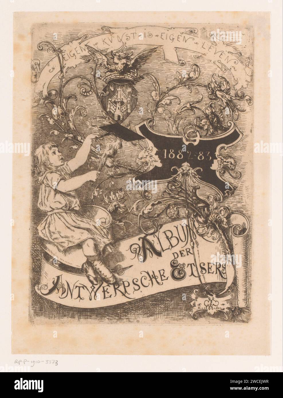 Child with Fakkel and Rooster on a cartouche with floral ranks, Willem ...