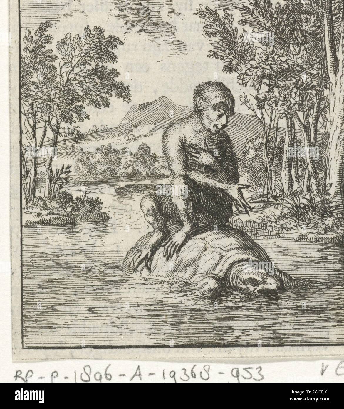 Monkey crosses a river on the back of a turtle, Jan Luyken, 1693 print ...