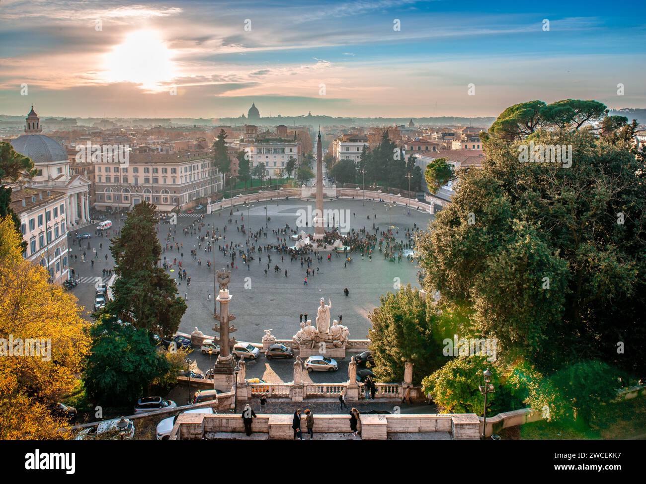 Piazza del Popolo in the evening, seen from Terrazza del Pincio, with ...