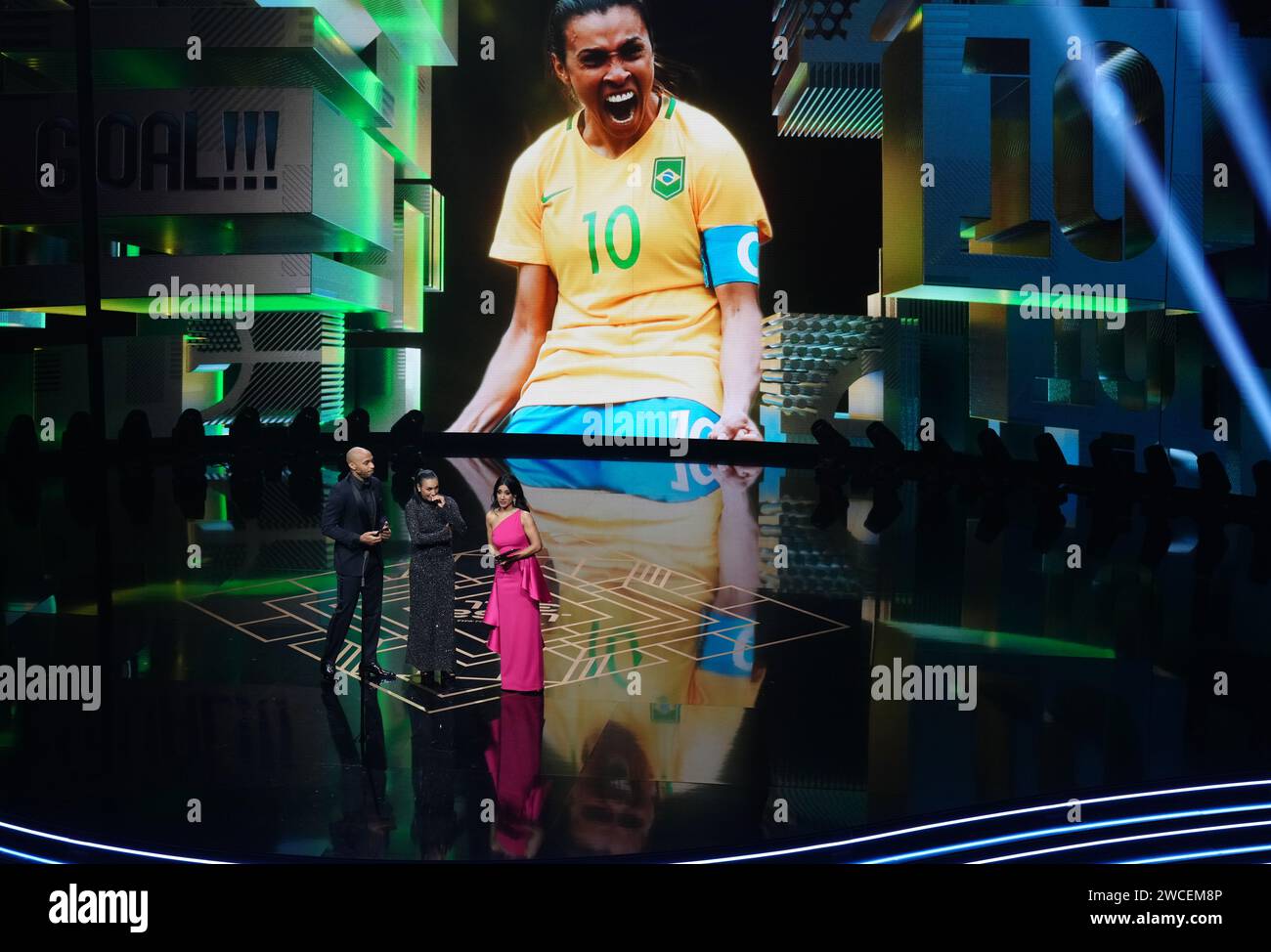 Former Brazilian player Marta on stage before receiving a special award ...