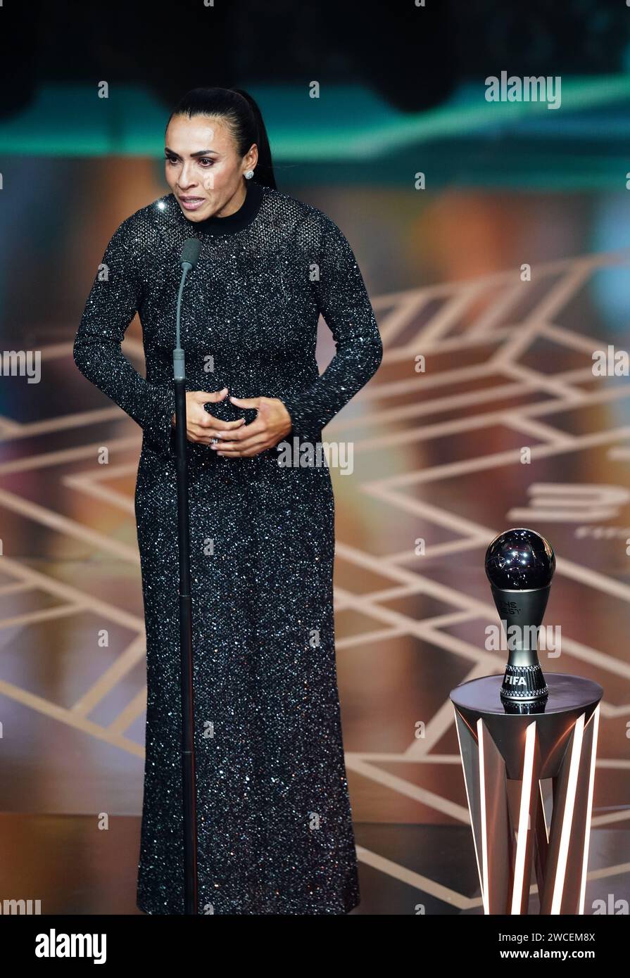 Former Brazilian player Marta speaks on stage after receiving a special ...