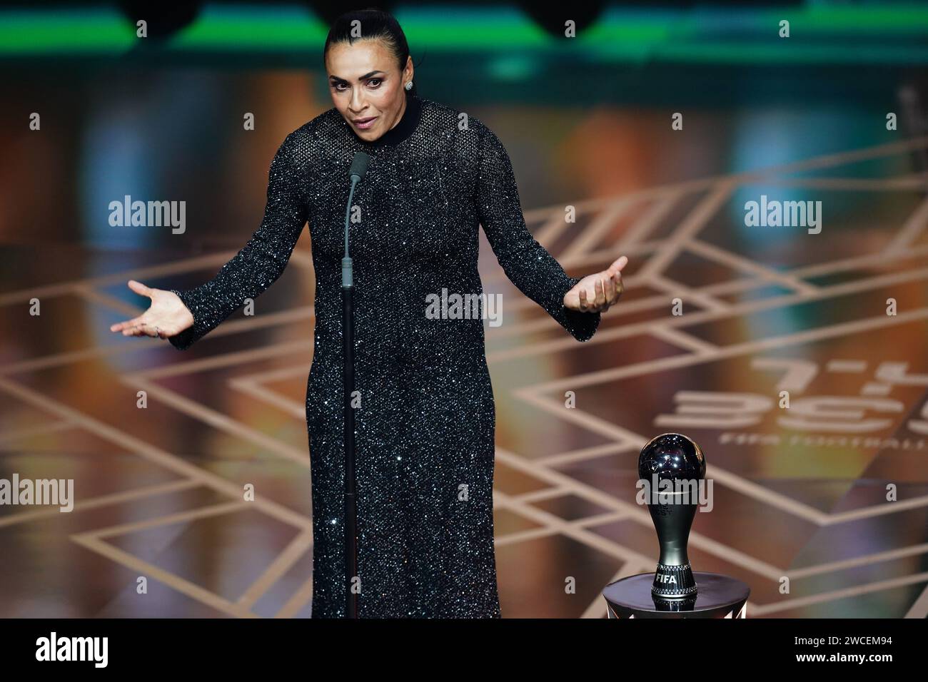 Former Brazilian player Marta speaks on stage after receiving a special ...