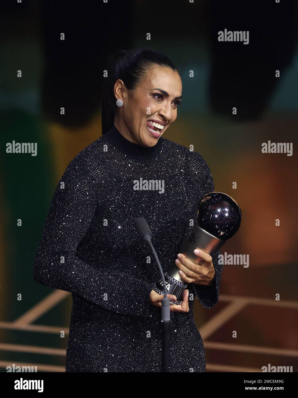 London, UK. 15th Jan, 2024. Marta of Brazil is recognised for her contribution to football, with ...