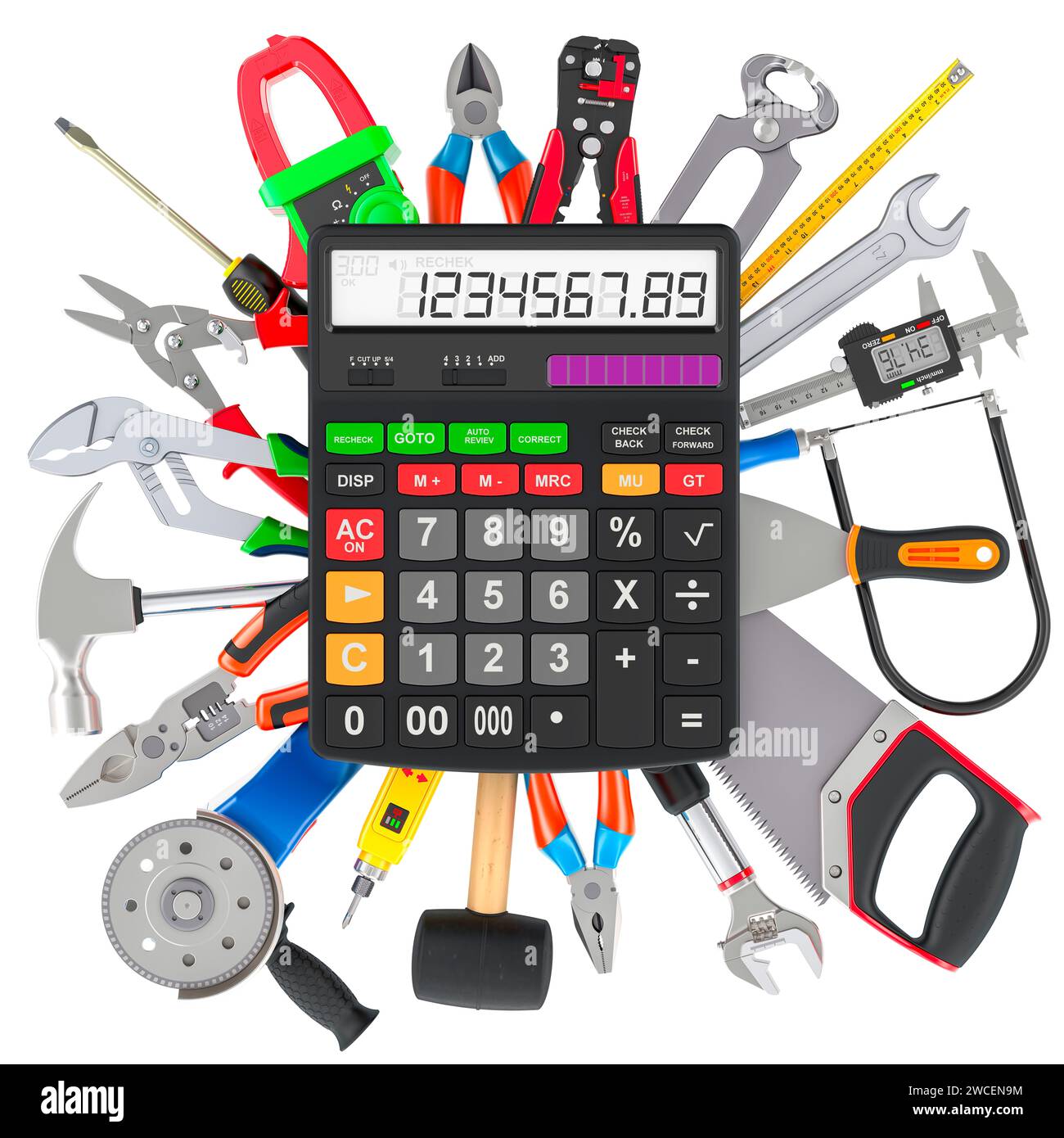 Tools with calculator, 3D rendering isolated on white background Stock ...