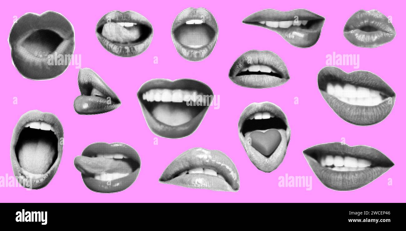 Halftone lips set. Collage mouth for banner, graphic design, poster, illustration. Vector set of ...