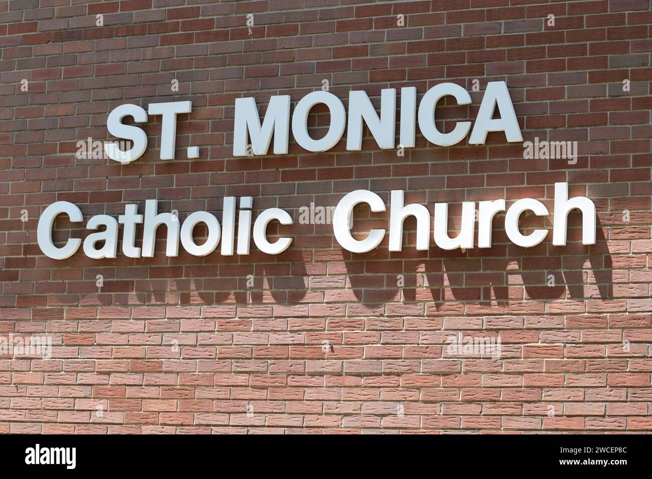 Close up of St. Monica Catholic Church sign in Kansas City, Missouri ...