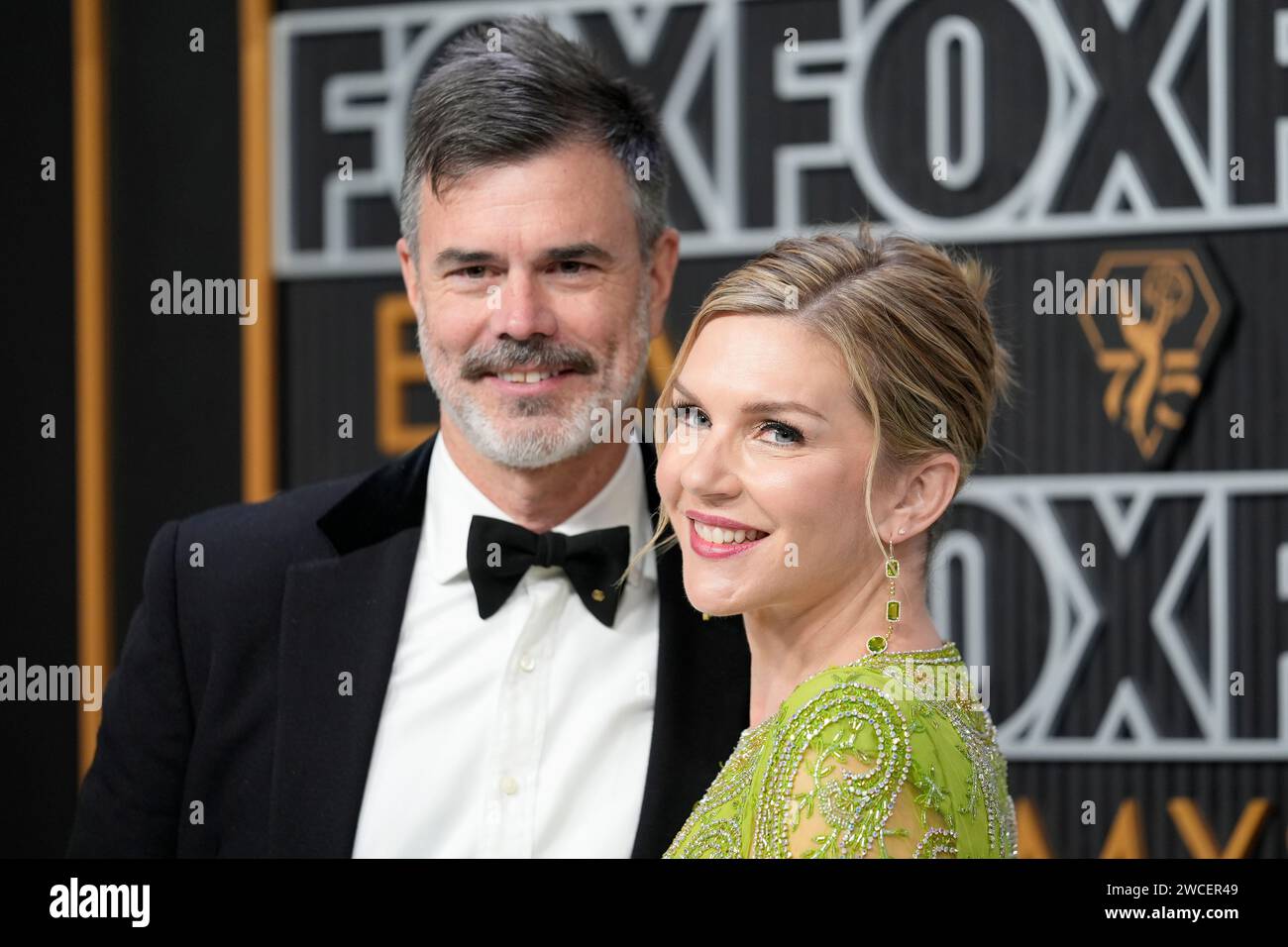 Graham Larson, left, and Rhea Seehorn arrive at the 75th Primetime Emmy ...