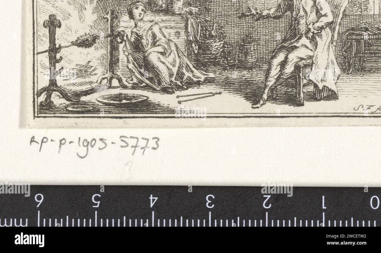 Woman turns the spit, Simon Fokke, 1722 - 1784 print In a living room a ...
