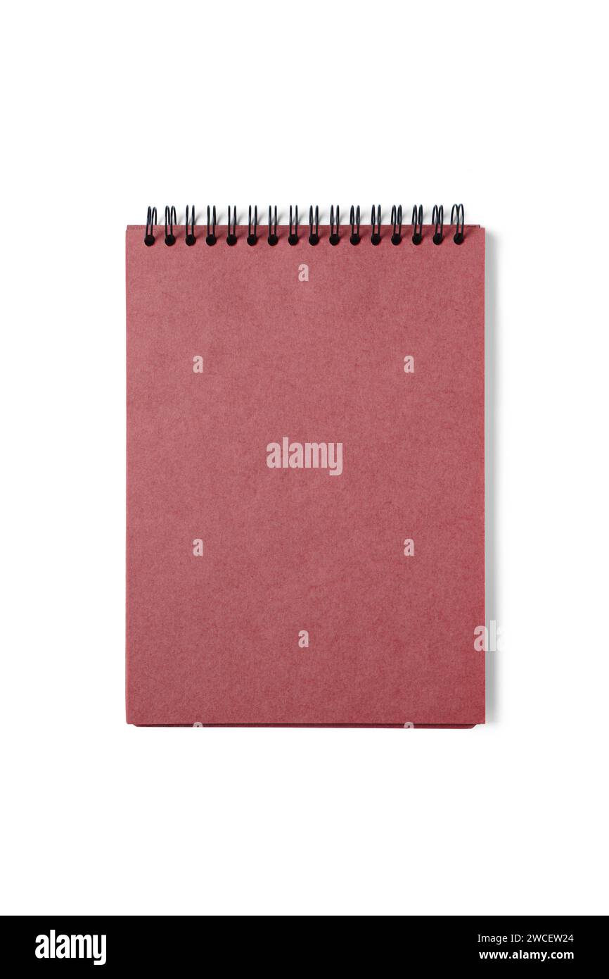 Open spiral bound notepad with craft red sheets, isolated on white ...