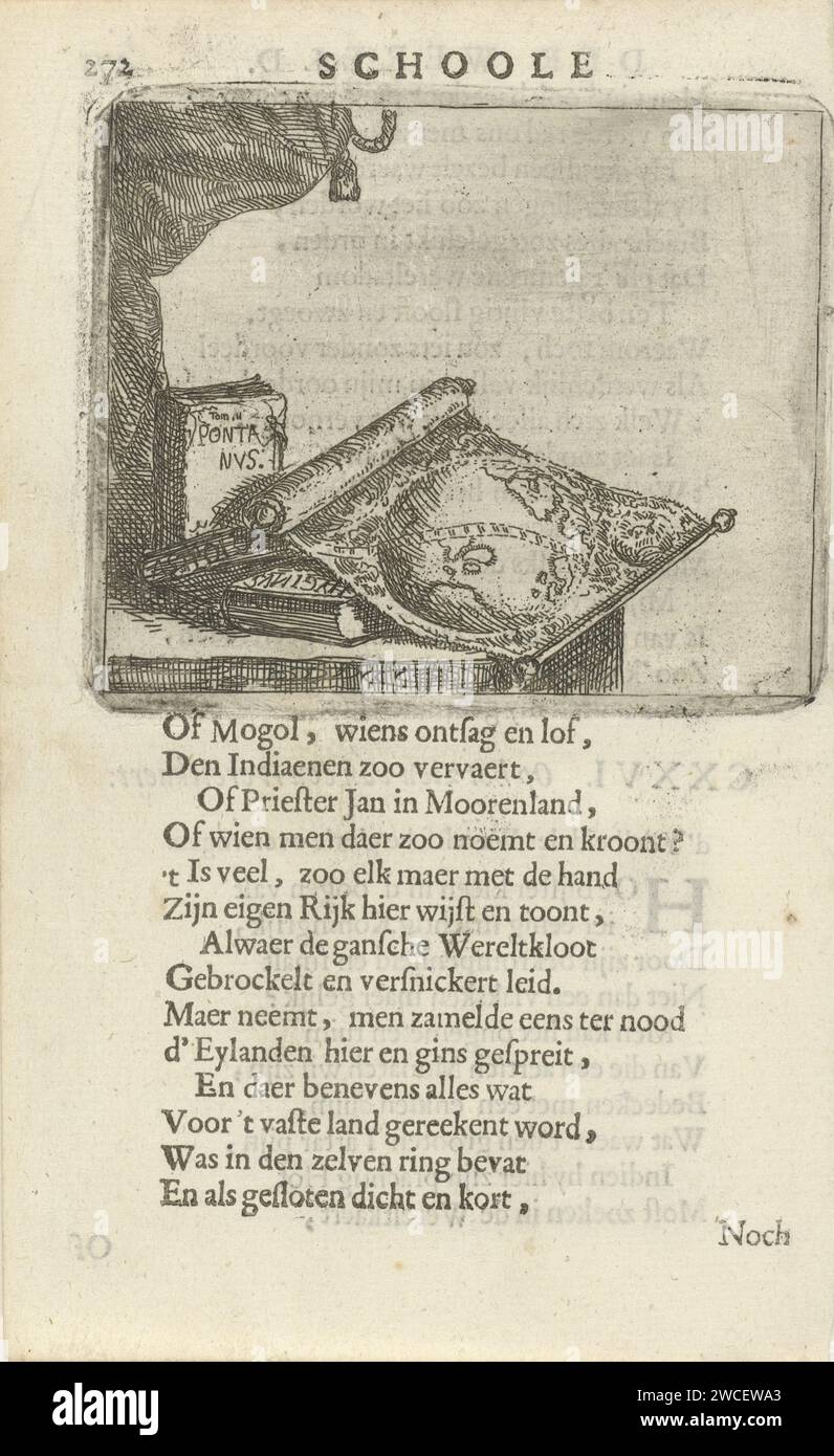 World Map and Books, Arnold Houbraken, 1682 print A table on which a ...