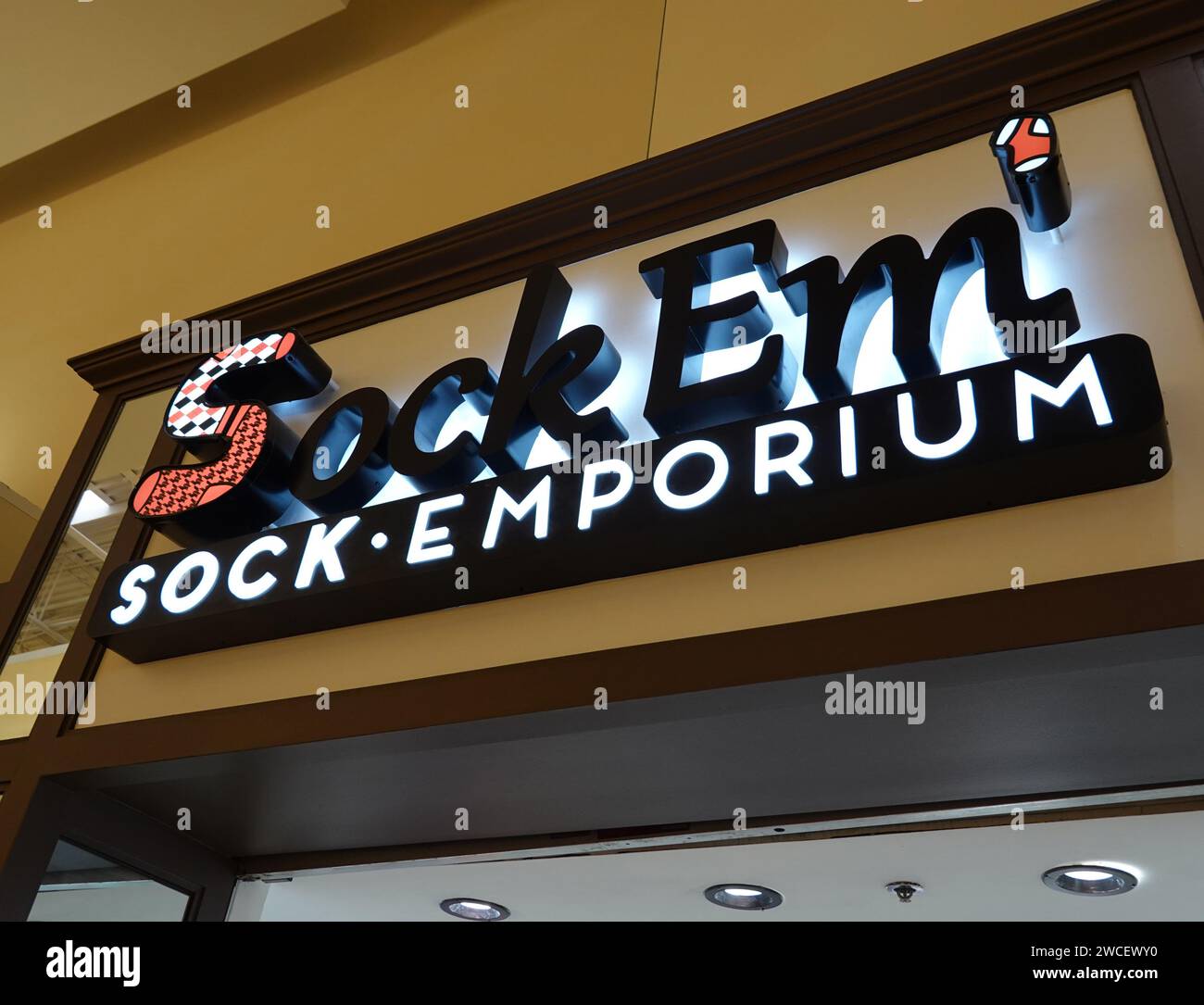 Close up of a Sock Em' Sock Emporium store sign - November 2023 Stock ...