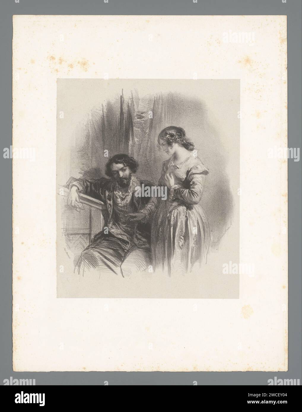 Sitting, sad looking man next to standing woman, Adolphe Mouilleron ...