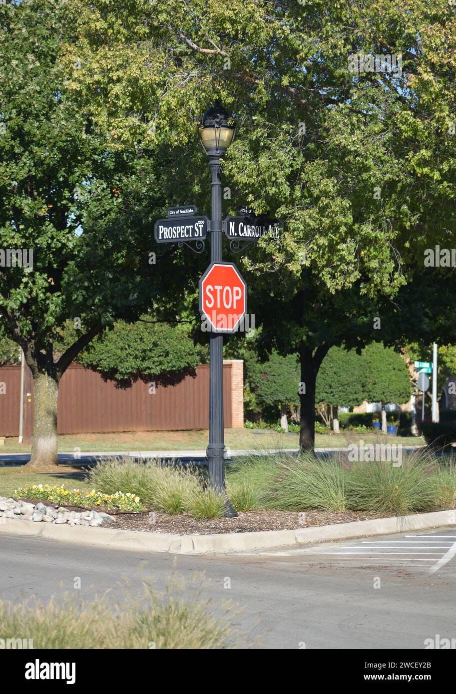 Road street sign and stop sign at the corner of Prospect and Carroll ...