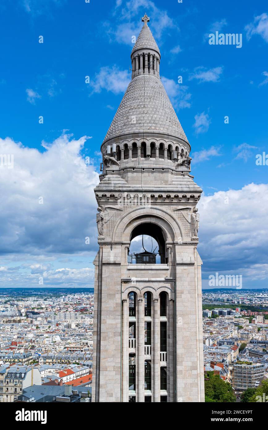 aerial view of paris and basilica bell tower reaching above horizon ...