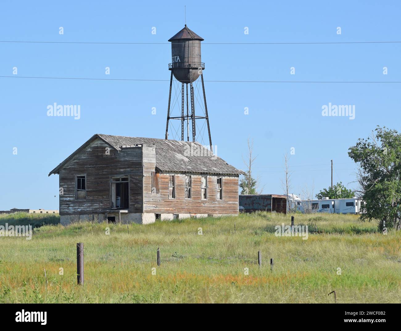 Abandoned building and water tower in the ghost town of Keota Colorado ...