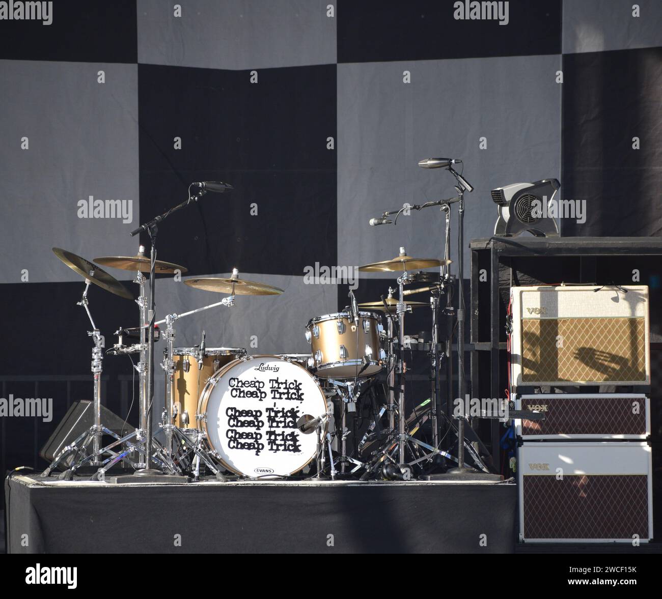 Cheap Trick drum kit set up on stage before a concert in Sherman Texas ...