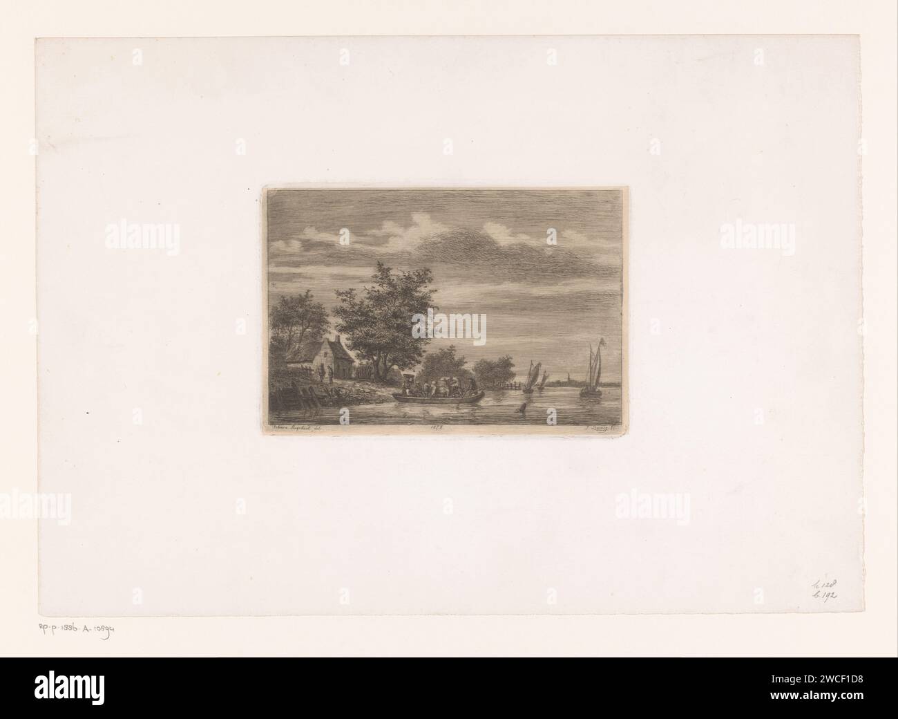 River face with a ferry that crosses people and cows, Jean Théodore ...