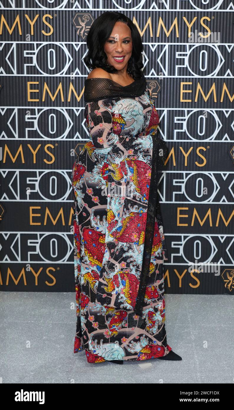 Angela Gibbs poses for a Red Carpet portrait at the 75th Emmy Awards on Monday, Jan. 15, 2024 at ...