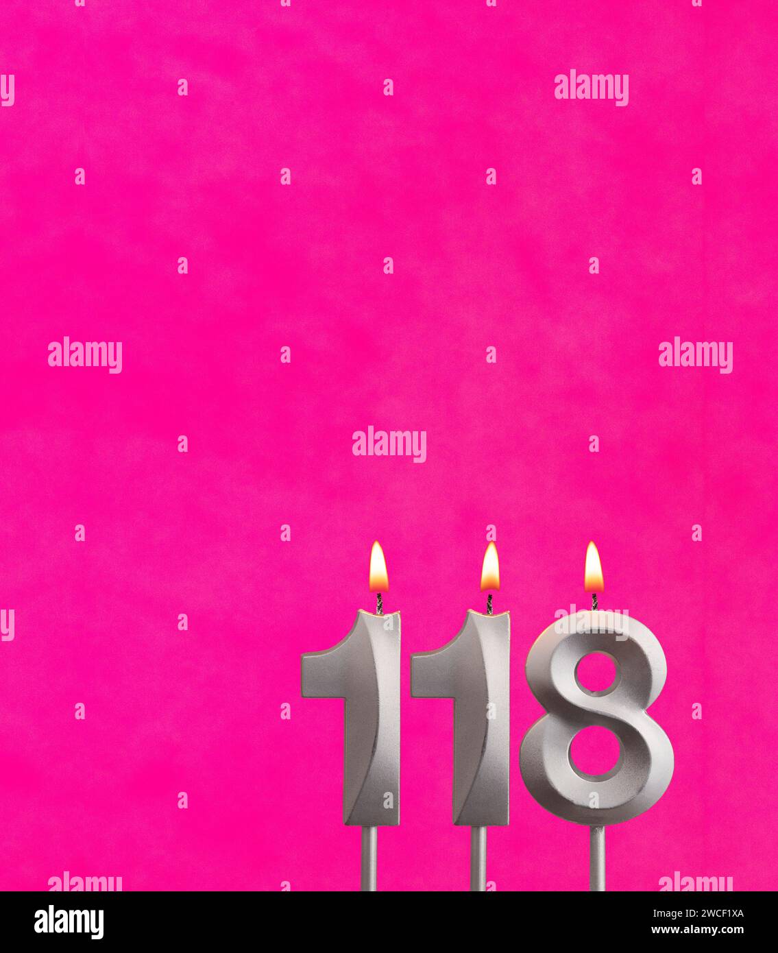 Candle 118 with flame - Birthday card in fuchsia background Stock Photo ...
