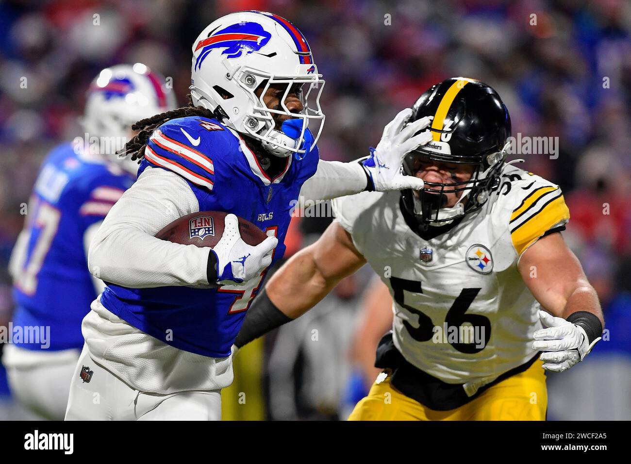 Buffalo Bills running back James Cook (4) stiff arms Pittsburgh ...