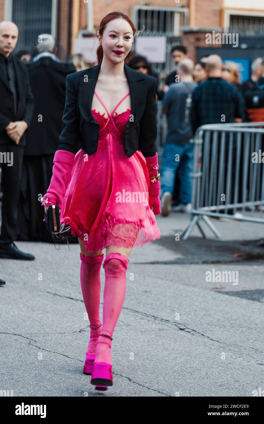 A guest outside Versace show during Milan Fashion Week Womenswear ...