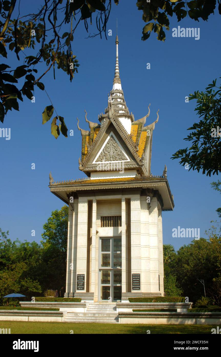 Monument filled with human skulls at the Killing Fields of Choung Ek ...