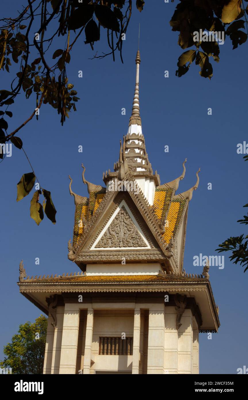 Monument filled with human skulls at the Killing Fields of Choung Ek ...