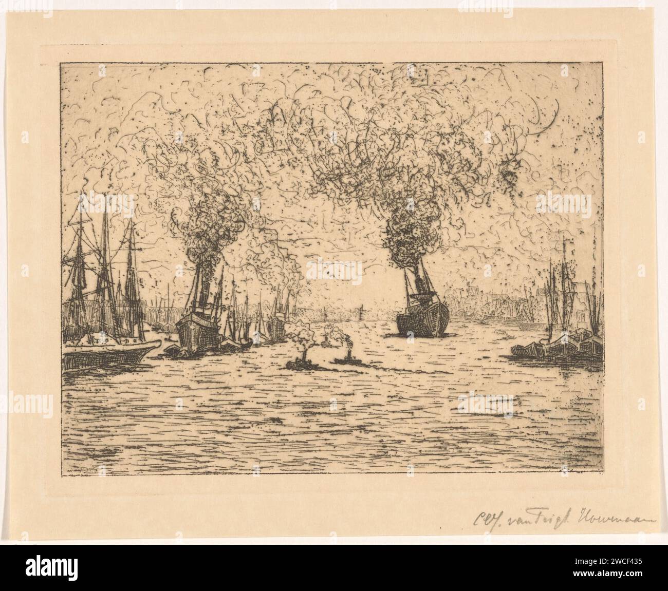 River view with three steam boats, Cornelia Christina Johanna van Trigt -Hoevenaar, 1864 - 1909 ...