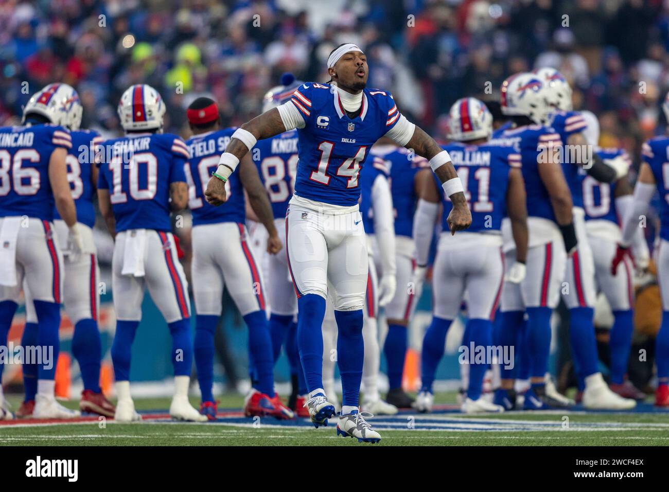 Buffalo Bills wide receiver Stefon Diggs (14) reacts before an NFL wild ...