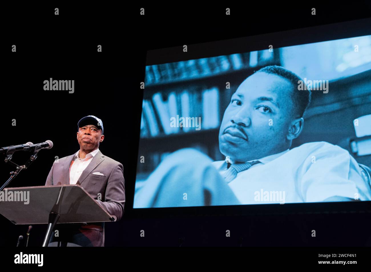 Mayor Eric Adams speaks during Martin Luther King Jr. tribute at Brooklyn Academy of Music in ...