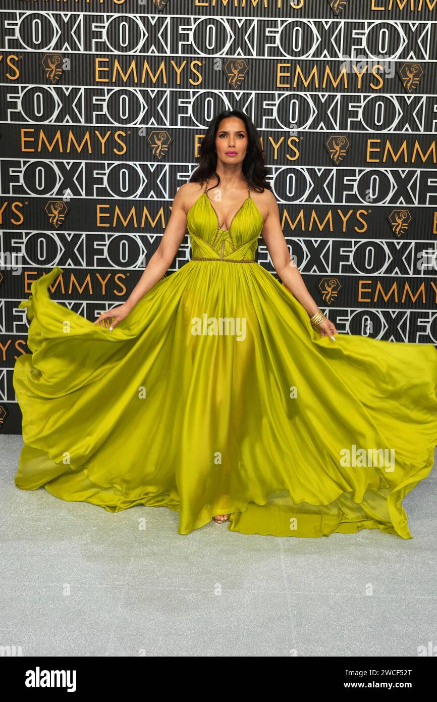 Padma Lakshmi poses for a Red Carpet portrait at the 75th Emmy Awards ...