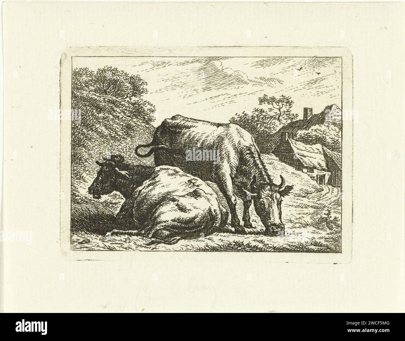 Two cows along the road at Farm, Johannes van Cuylenburgh, 1803 - 1841 ...