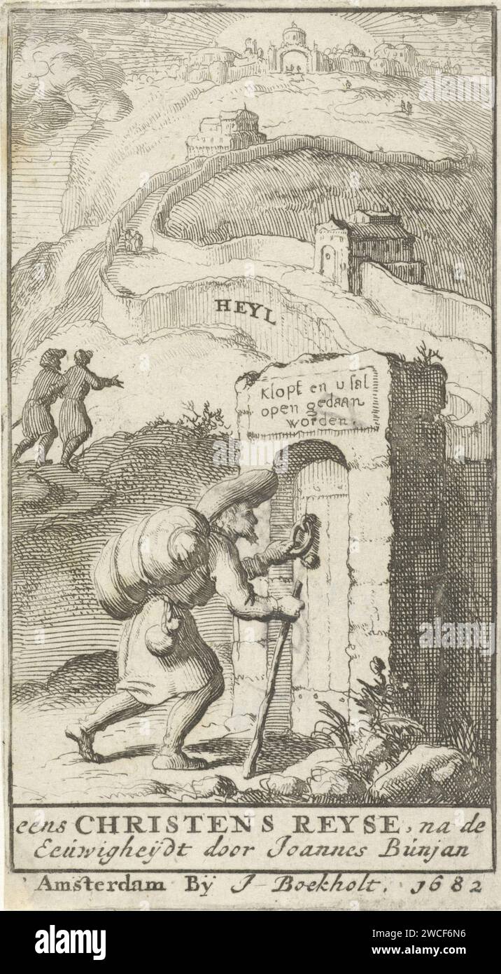 Pelgrim comes to a gate, Jan Luyken, 1682 print Amsterdam paper etching ...