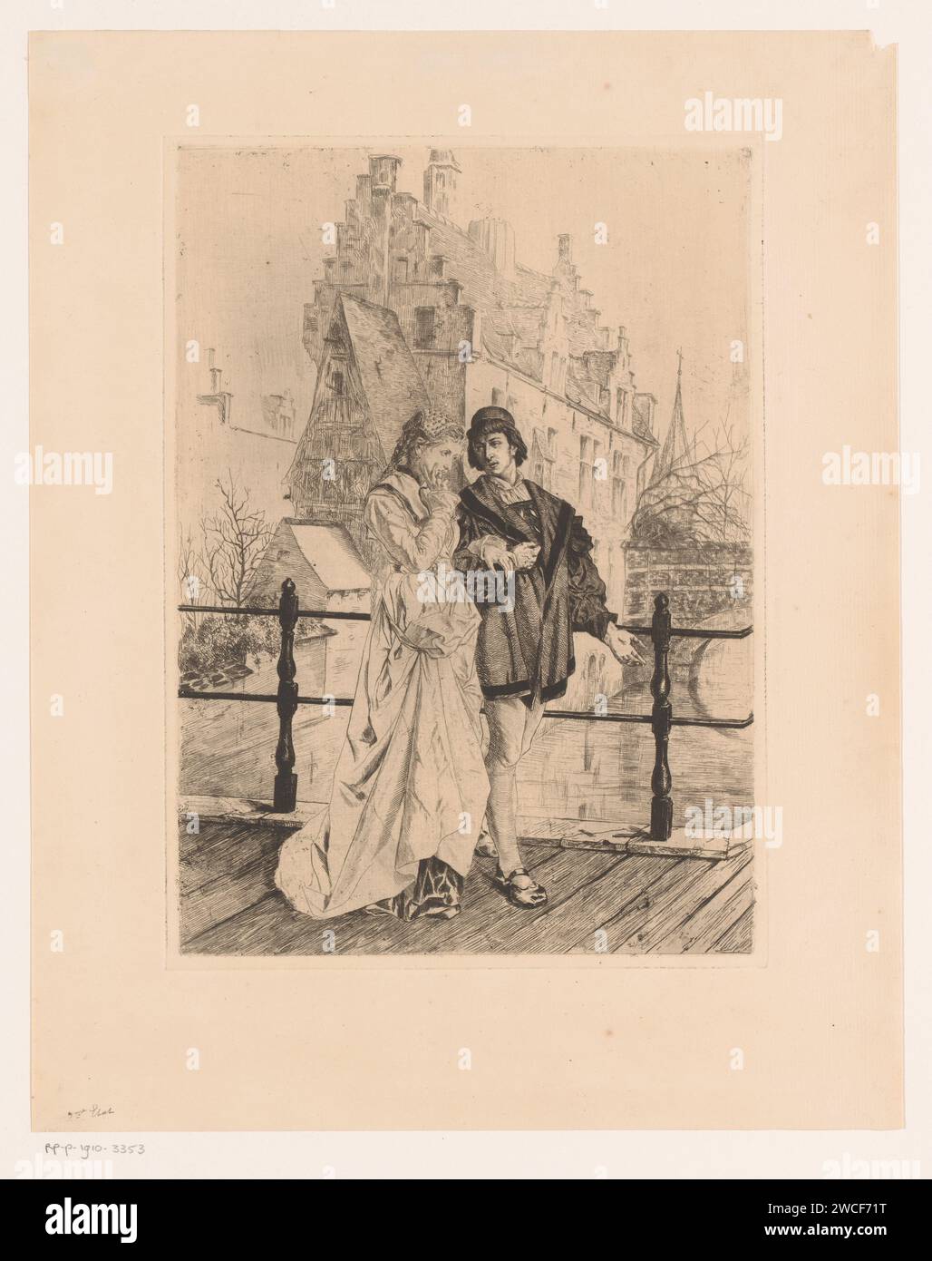 Young couple walks arm in arm over a bridge, Willem Geets, 1875 print ...