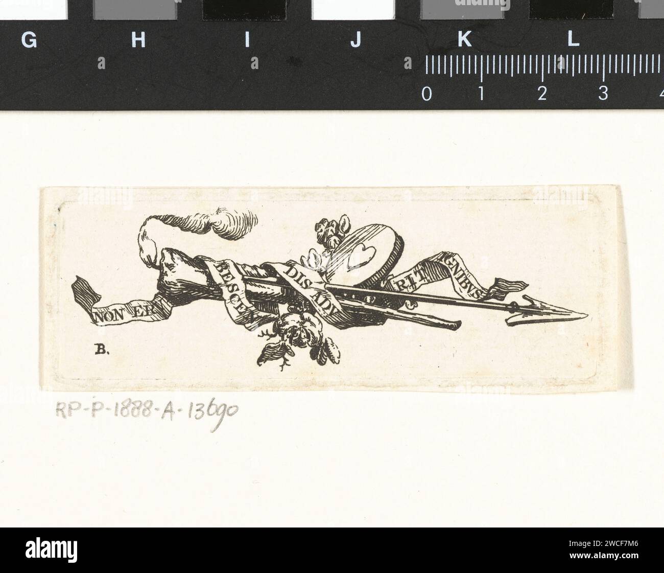Vignette with burning torch, arrow, heart and band with inscription Non ...