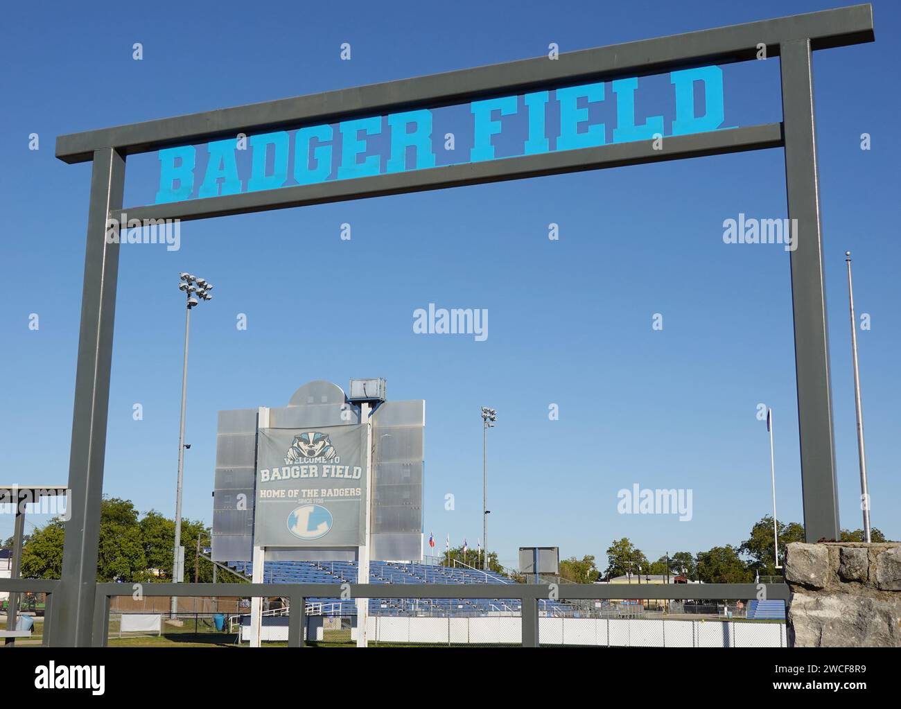 View of empty football stadium on a sunny autumn day, Badger Field, in ...
