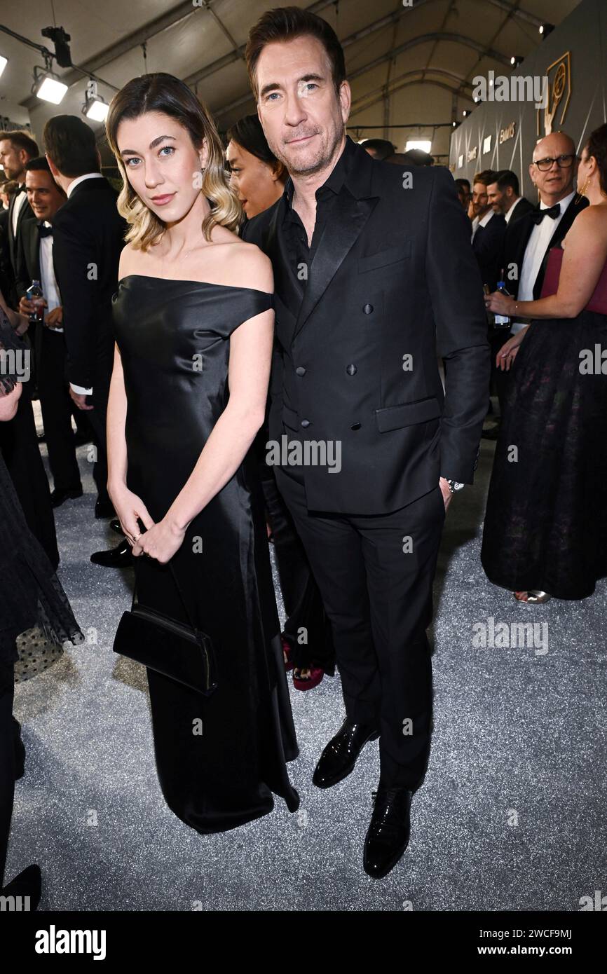 Colette McDermott and Dylan McDermott walk the red carpet at the 75th Emmy Awards on Monday, Jan ...
