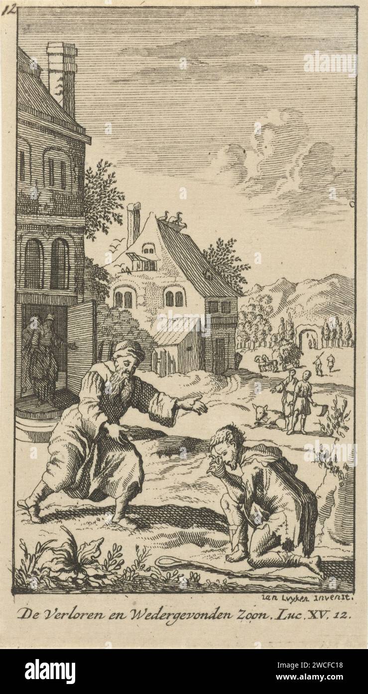 Return of the Lost Son, Anonymous, After Jan Luyken, 1720 print paper etching the parable of the ...