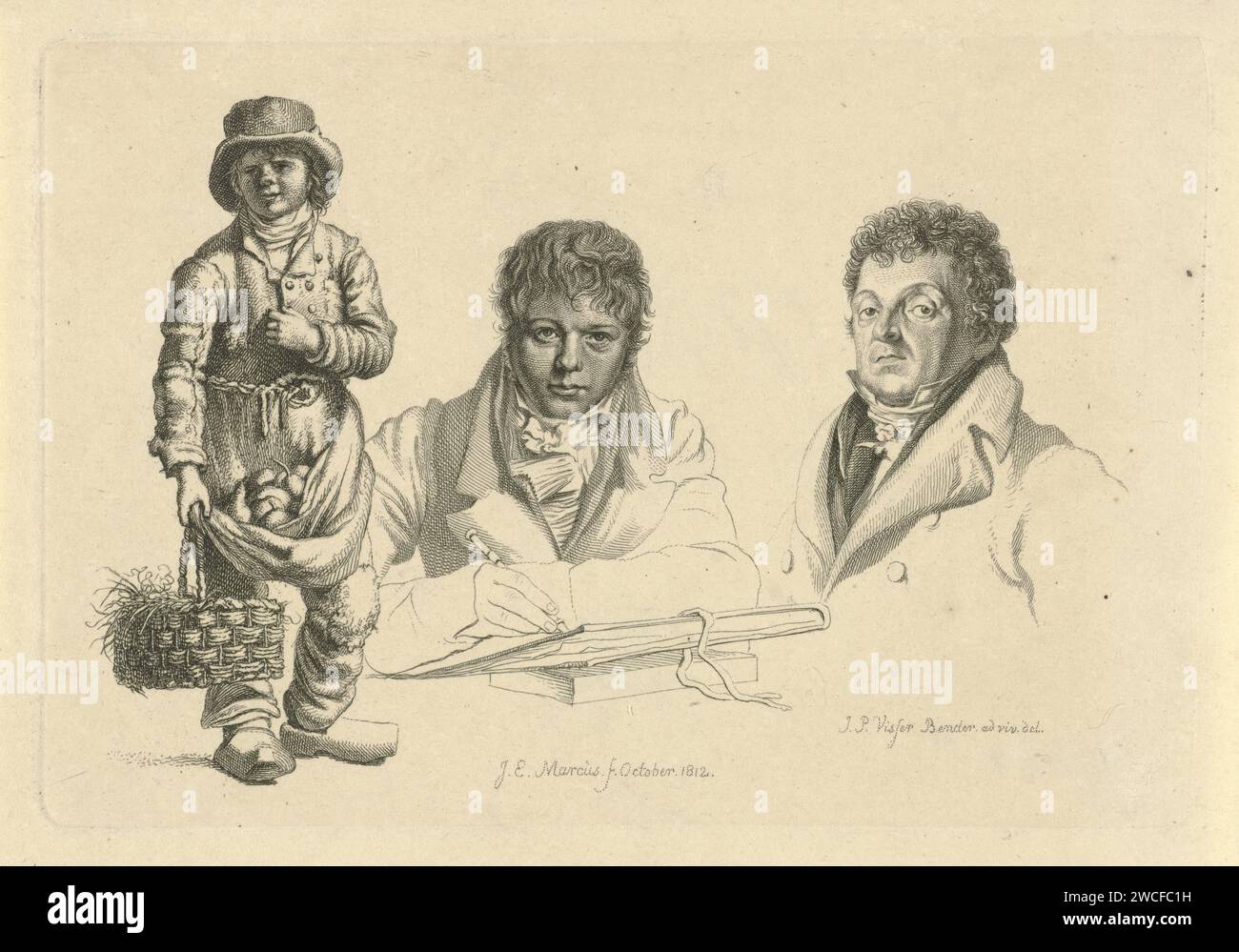 Portraits of J.P. Visser Bender and P.Pz. Barbiers next to a boy, Jacob ...