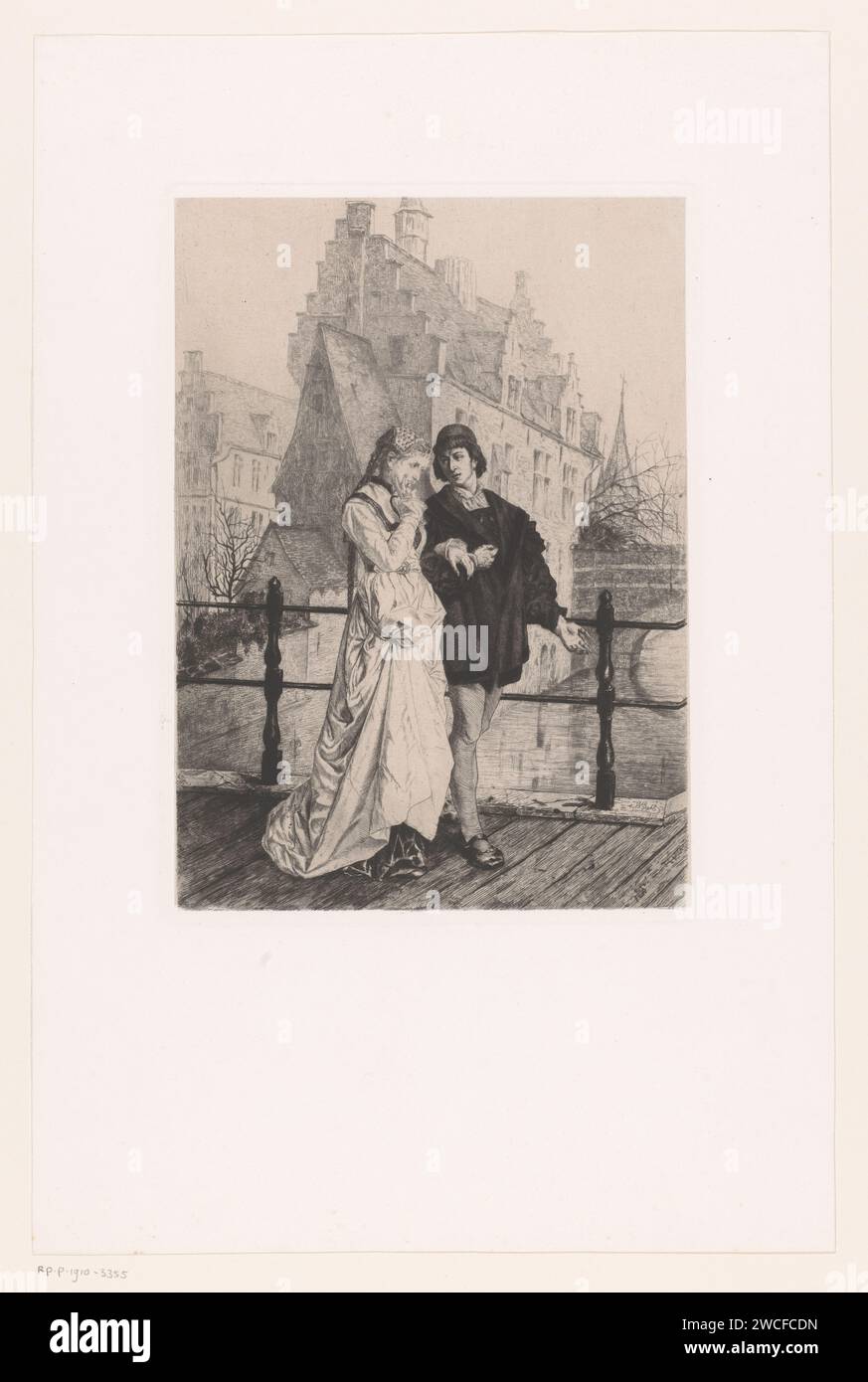 Young couple walks arm in arm over a bridge, Willem Geets, 1875 print ...