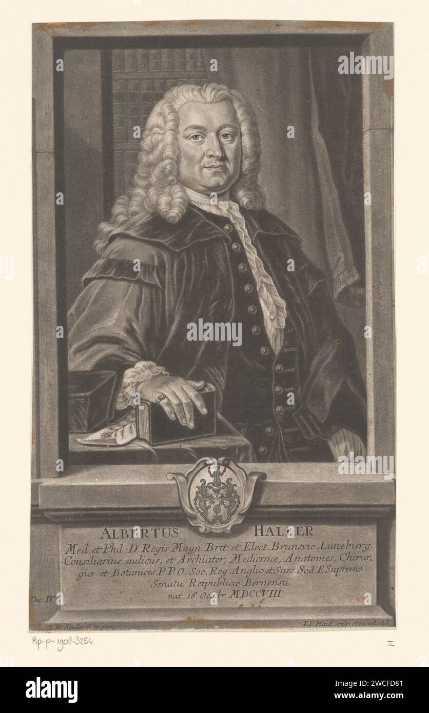 Portrait van Albrecht Haller, Johann Jacob Haid, after Johann Rudolf ...
