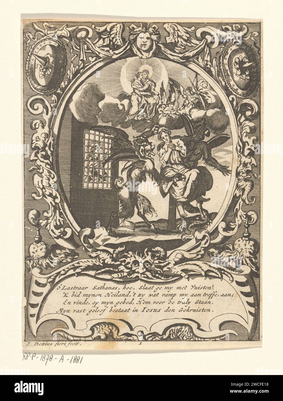 Man by Devil's attacked, Zacharias Dezius, 1713 print A person is ...