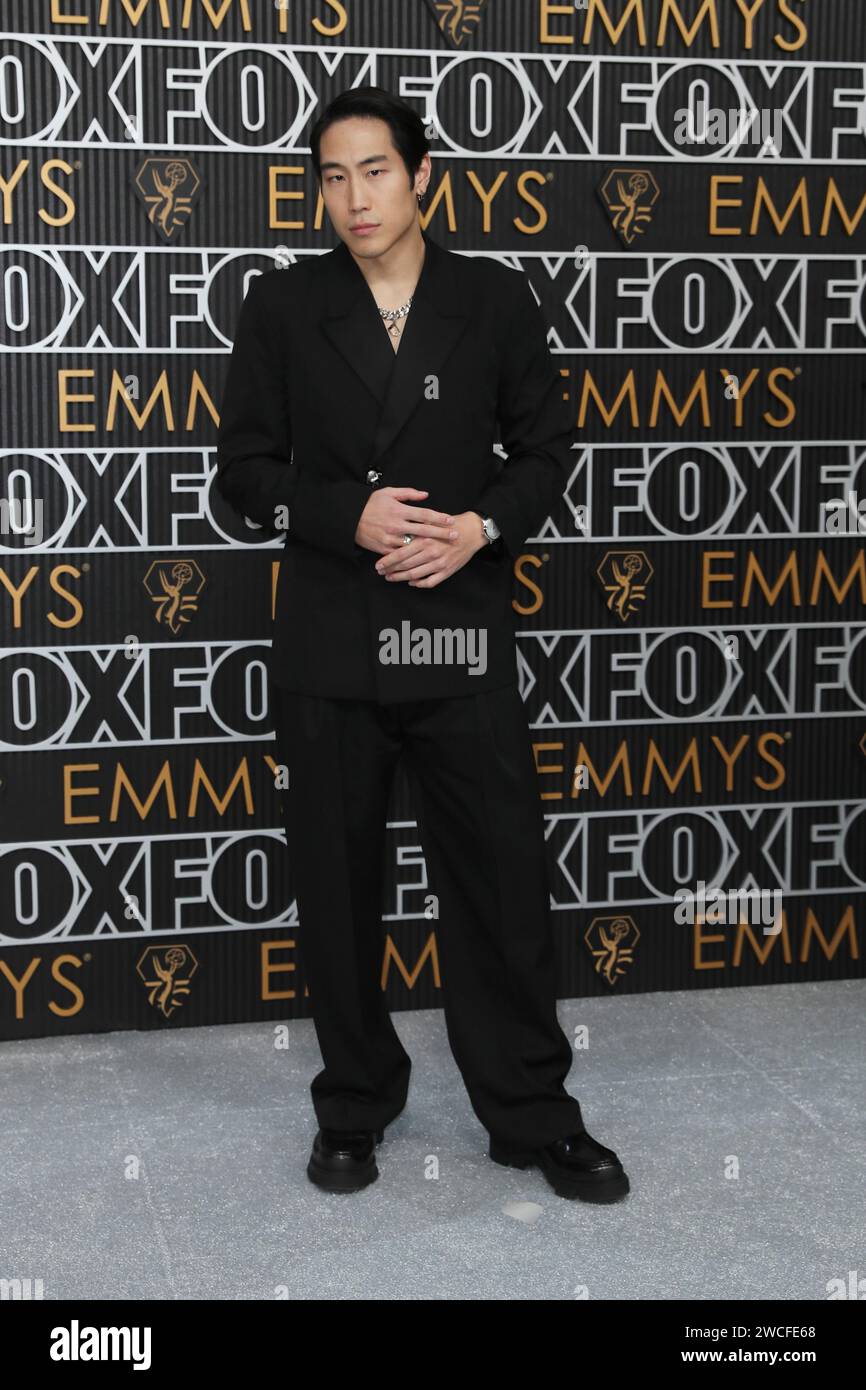 Young Mazino poses for a Red Carpet portrait at the 75th Emmy Awards on ...